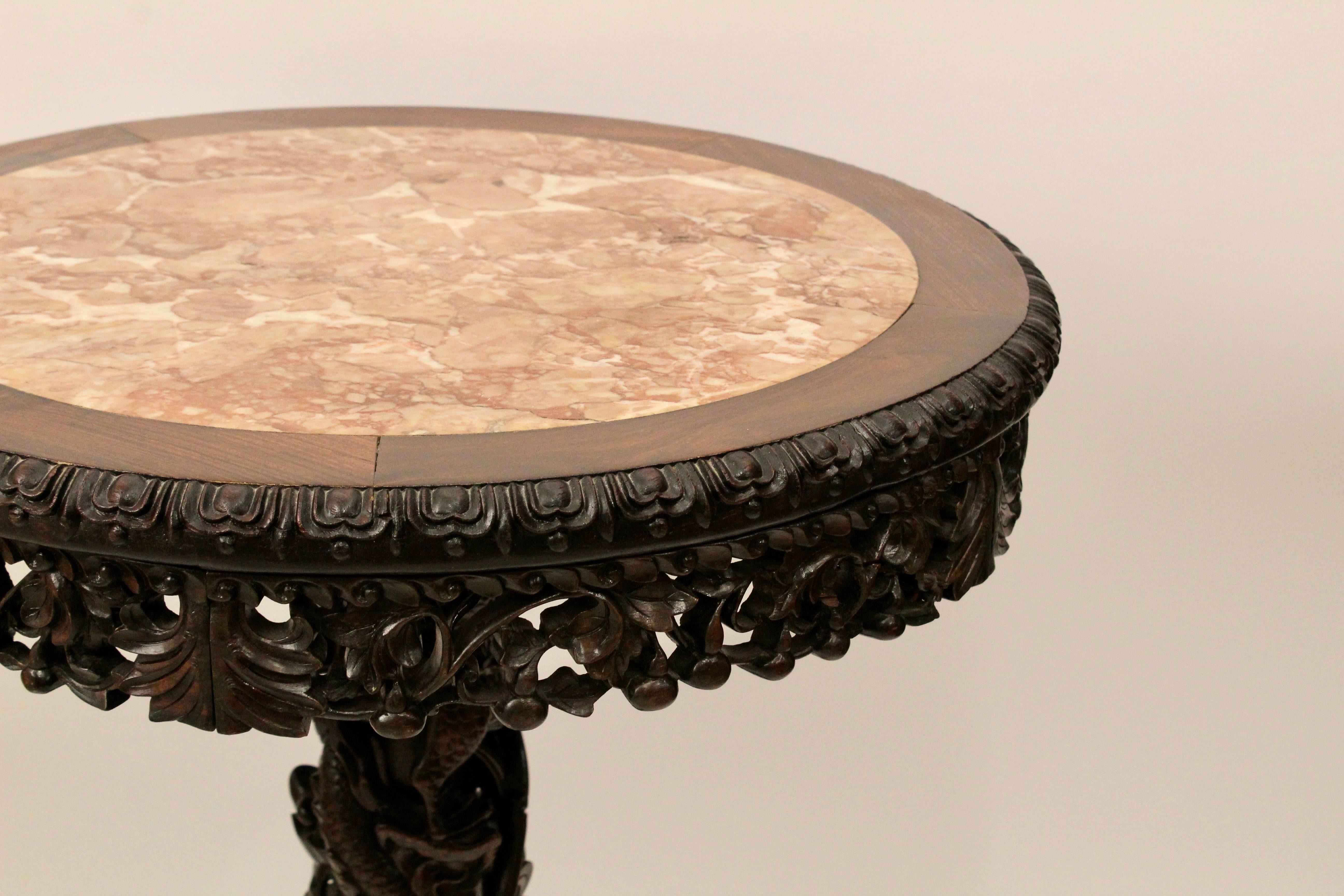 Chinese Carved Hardwood Triform Base Table, Peach Marble Top, circa ...