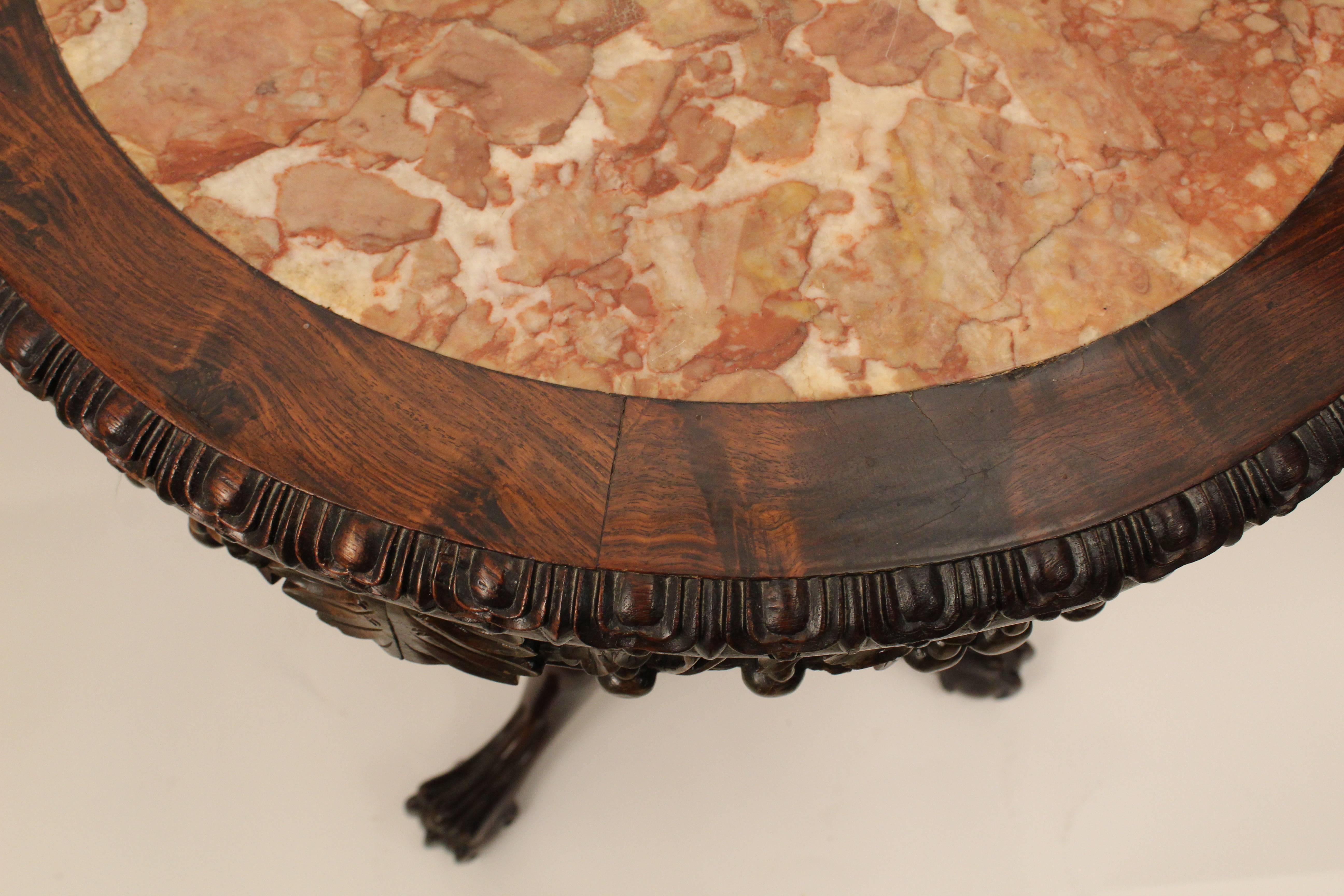 Chinese Carved Hardwood Triform Base Table, Peach Marble Top, circa ...