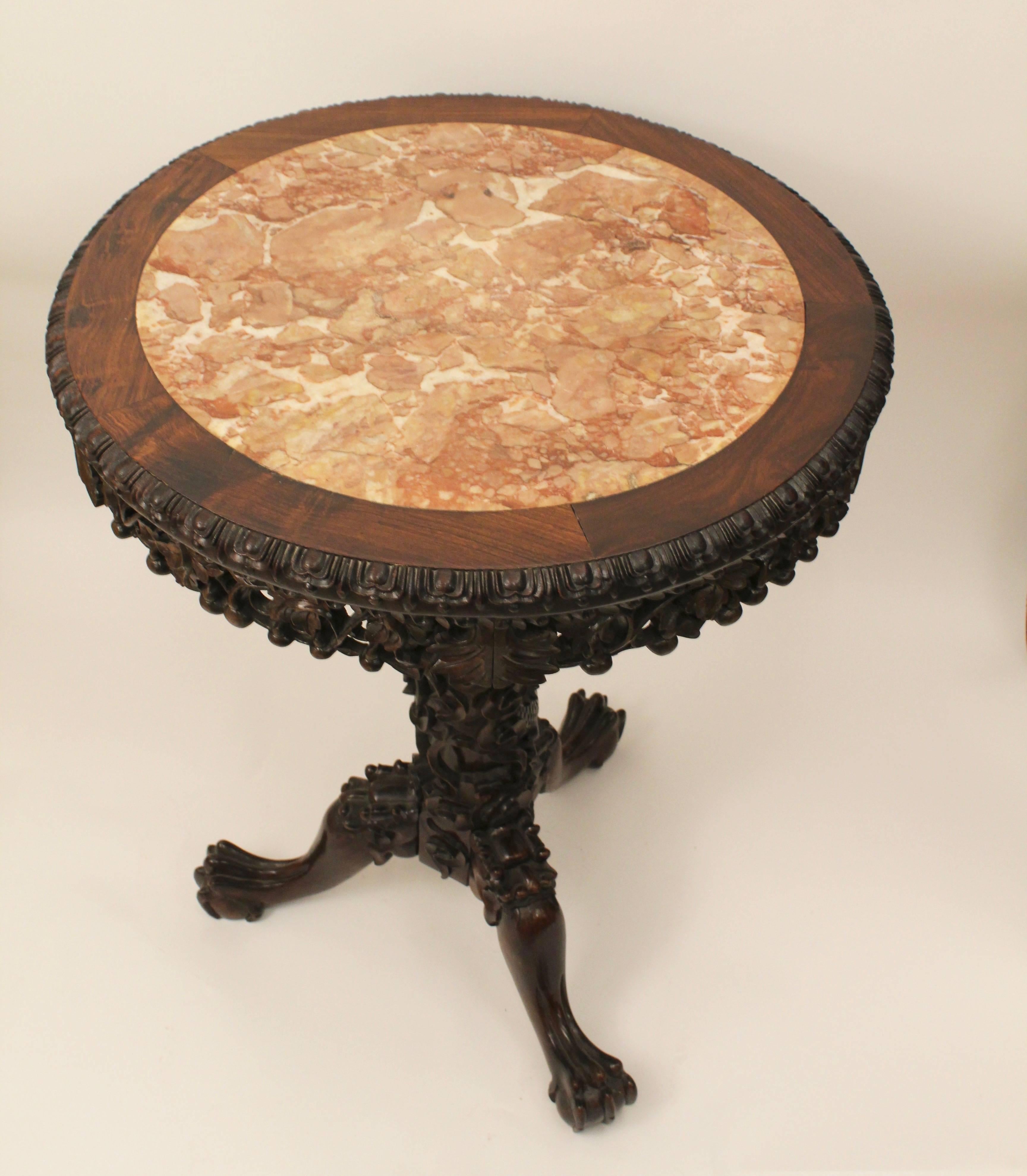 Chinese Carved Hardwood Triform Base Table, Peach Marble Top, circa ...