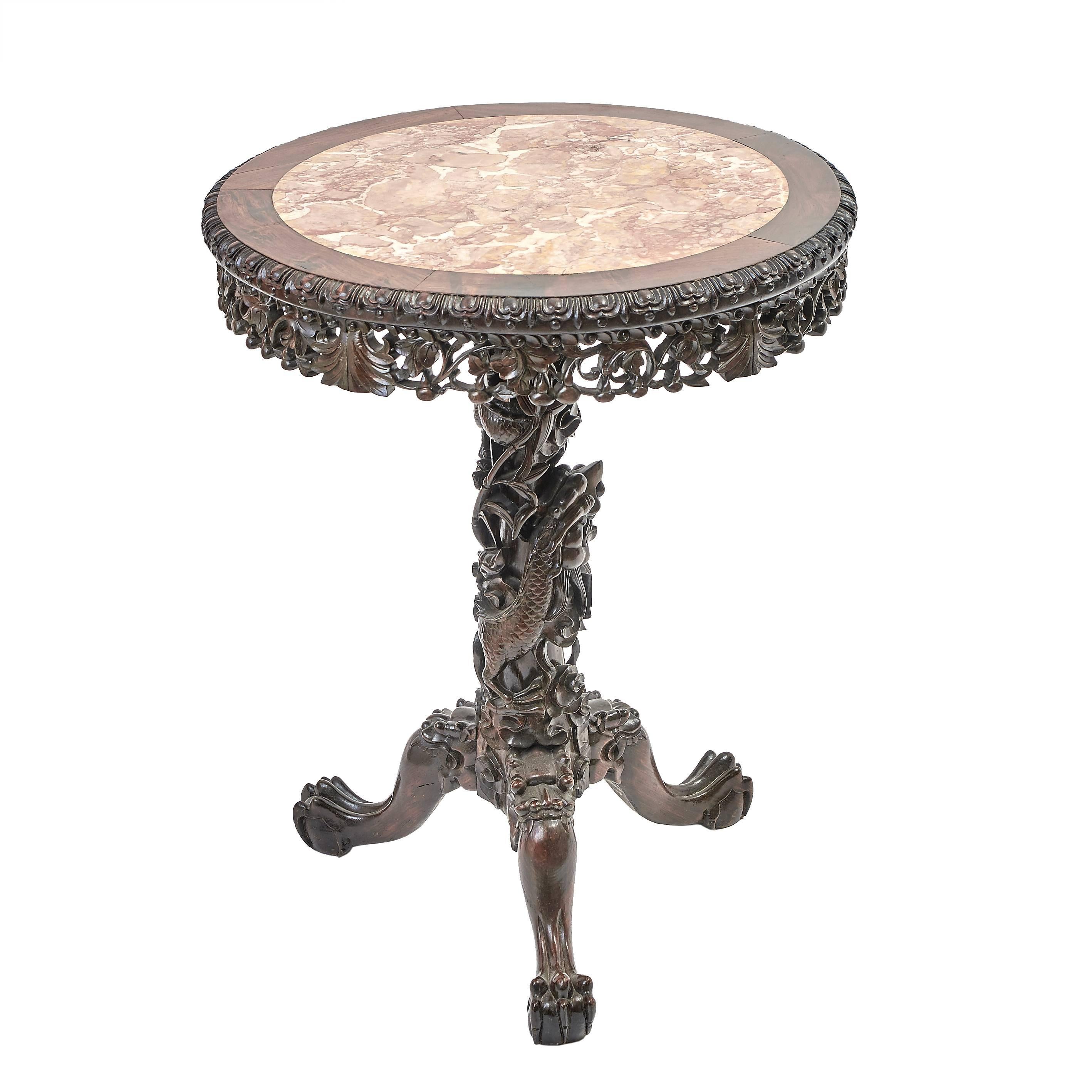Chinese Carved Hardwood Triform Base Table, Peach Marble Top, circa ...