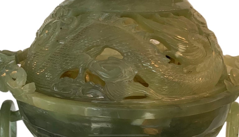 Chinese Carved Jade Like Stone Large Heavy Dragon Incense Burner at ...