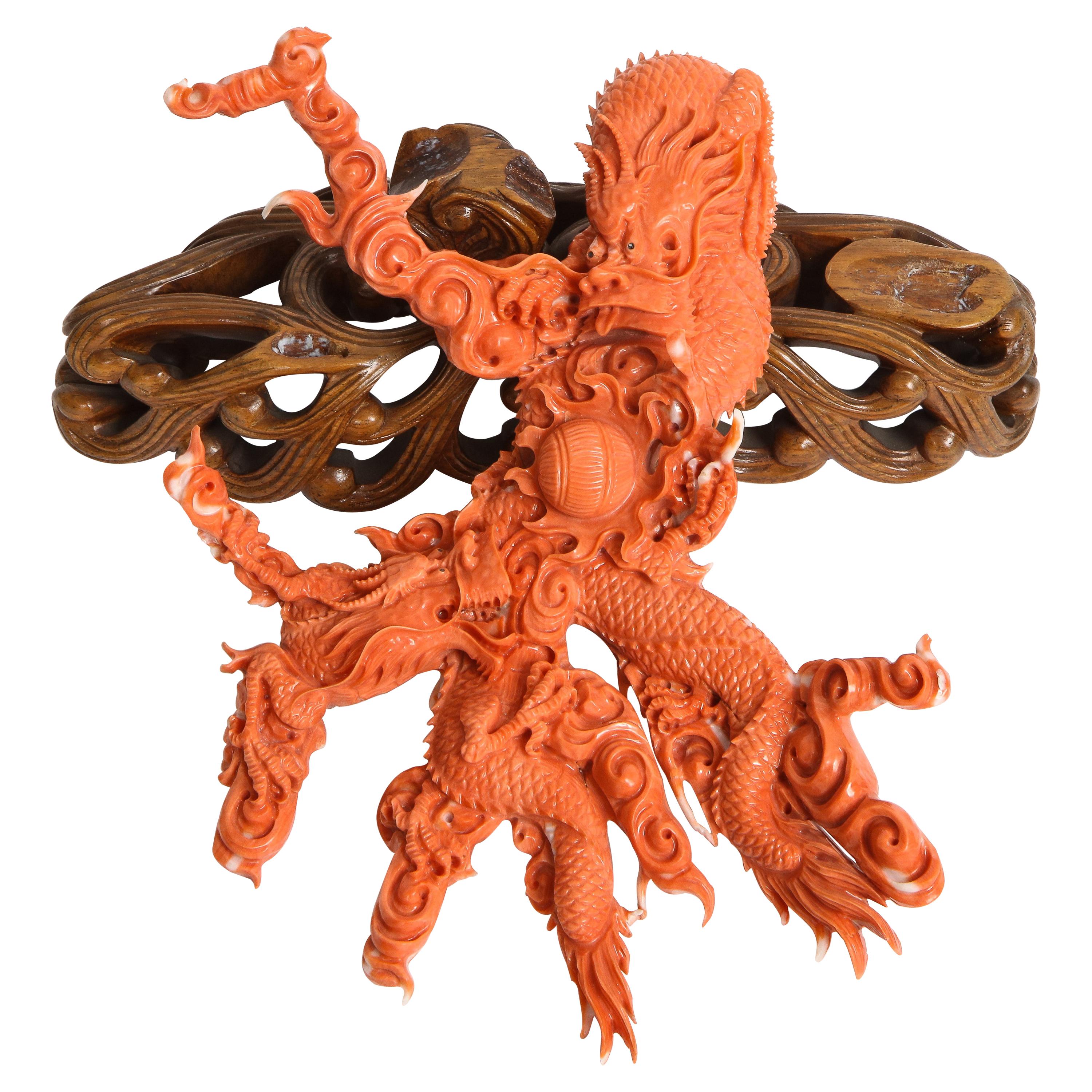 Very Fine Chinese Carved Coral Figure of Guanyin and Dragon on ...