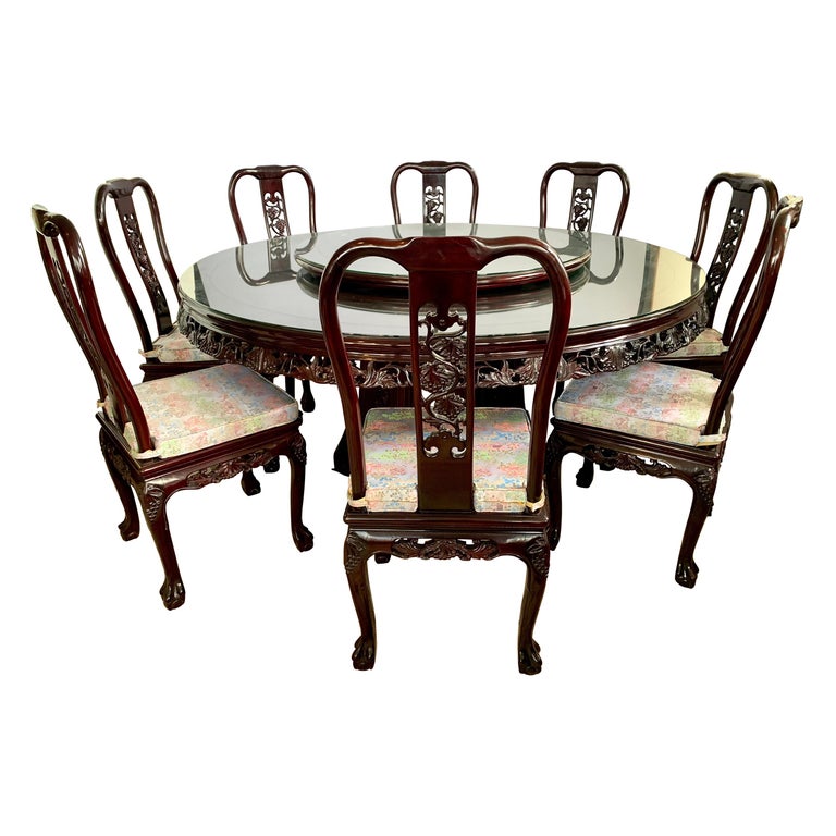 Chinese Carved Rosewood Dining Set, Round Pedestal Table and Eight ...