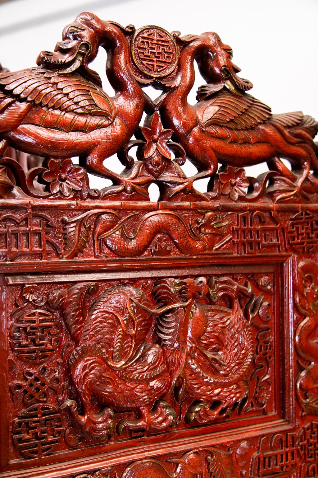 Chinese Carved Teakwood Red Lacquered Four Panel Screen at 1stDibs ...