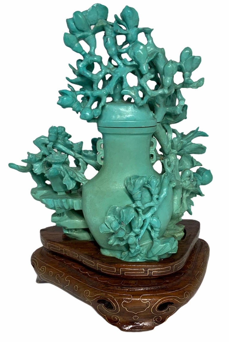 Chinese Carved Turquoise Vase and Flowers Table Decor at 1stDibs