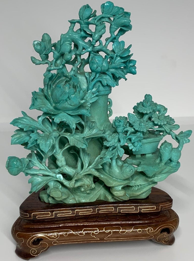 Chinese Carved Turquoise Vase and Flowers Table Decor at 1stDibs