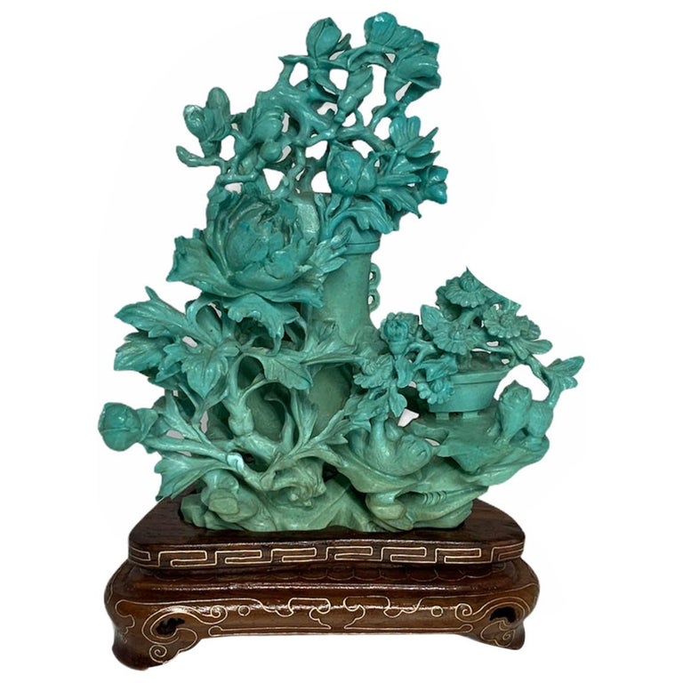 Chinese Carved Turquoise Vase and Flowers Table Decor at 1stDibs