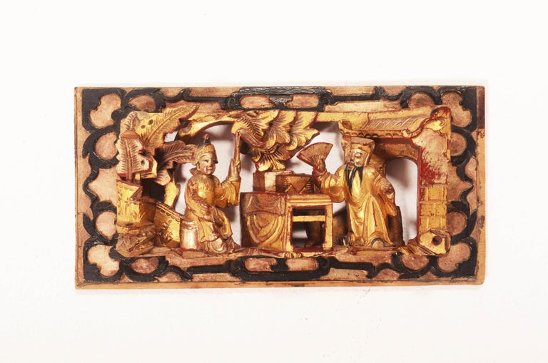 Chinese Carved Wooden Gilded Panel Wall Decoration For Sale at 1stDibs