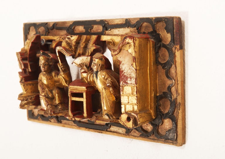 Chinese Carved Wooden Gilded Panel Wall Decoration For Sale at 1stDibs