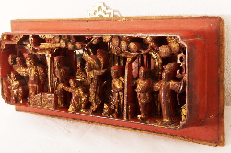 Chinese Carved Wooden Gilded Panel Wall Decoration For Sale at 1stDibs