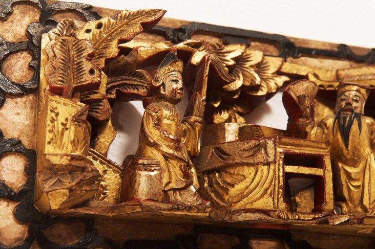 Chinese Carved Wooden Gilded Panel Wall Decoration For Sale at 1stDibs
