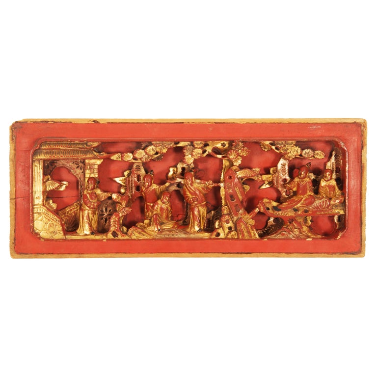 Chinese Carved Wooden Gilded Panel Wall Decoration For Sale at 1stDibs