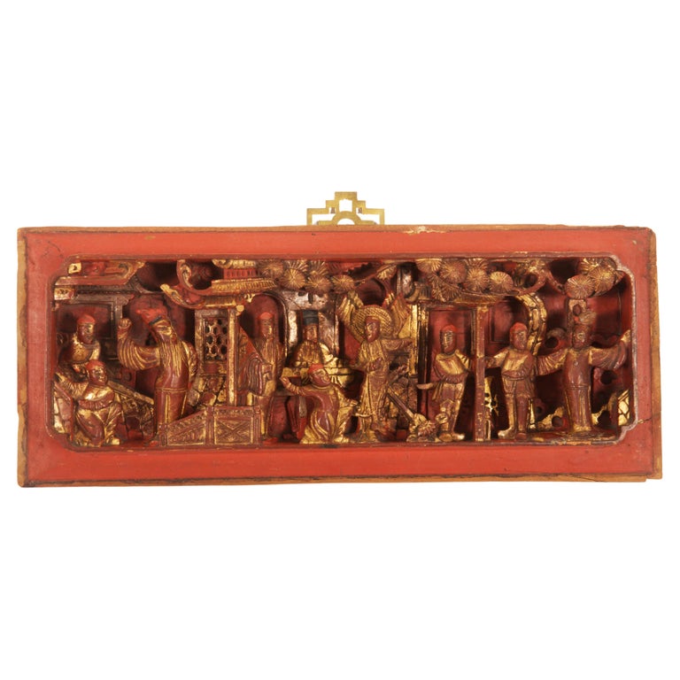 Chinese Carved Wooden Gilted Panel Wall Decoration For Sale at 1stDibs