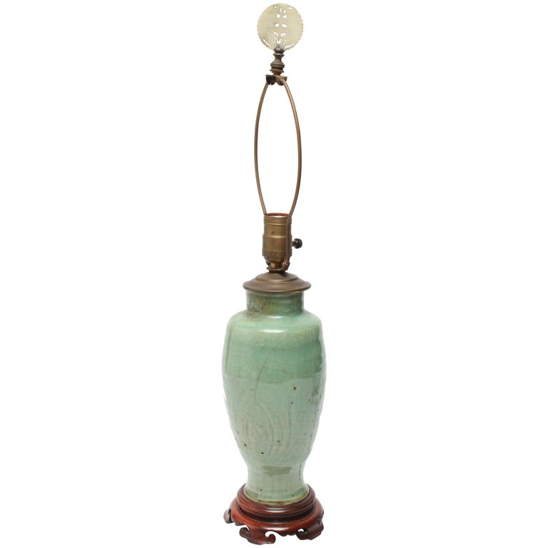 Chinese Celadon Porcelain Vase Table Lamp With Carved Jade Finial at ...