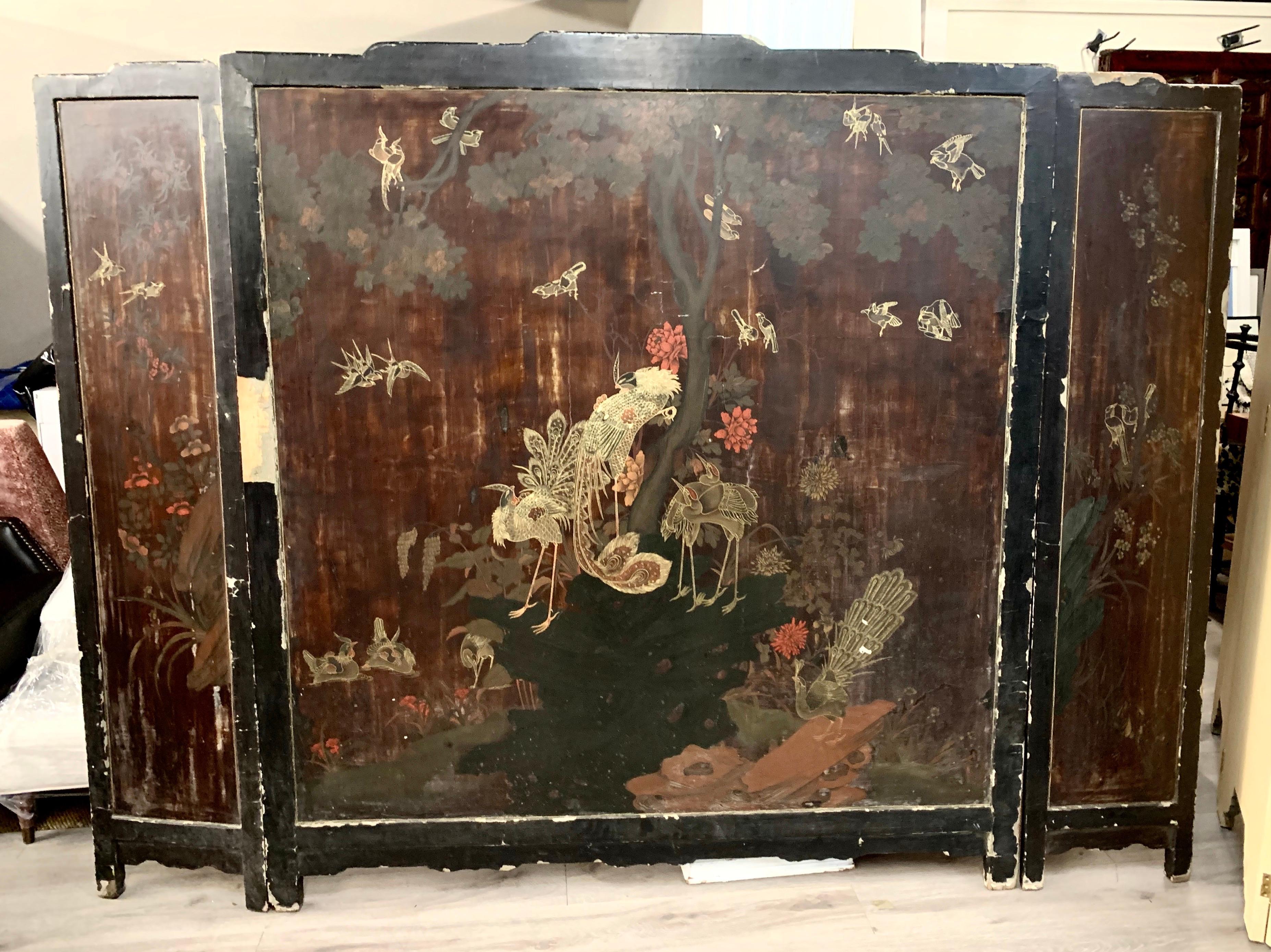 Chinoiserie Hand Painted Coromandel Screen Room Divider Painting Art ...