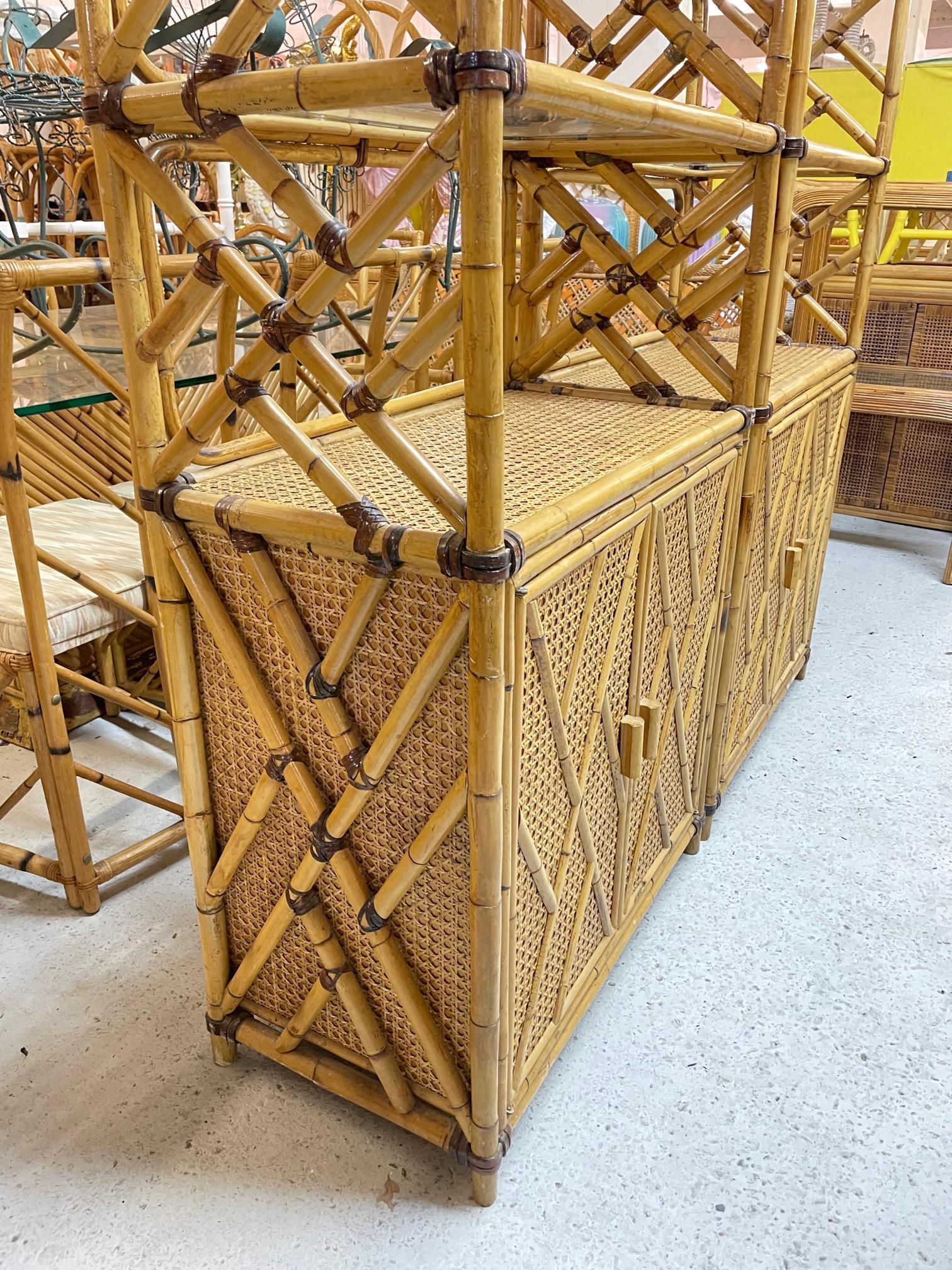 Chinese Chippendale Rattan and Cane Etageres, a Pair For Sale at 1stDibs