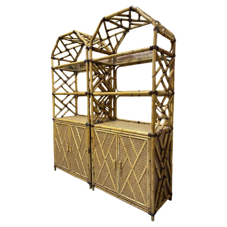 Chinese Chippendale Rattan and Cane Etageres, Pair For Sale at 1stDibs