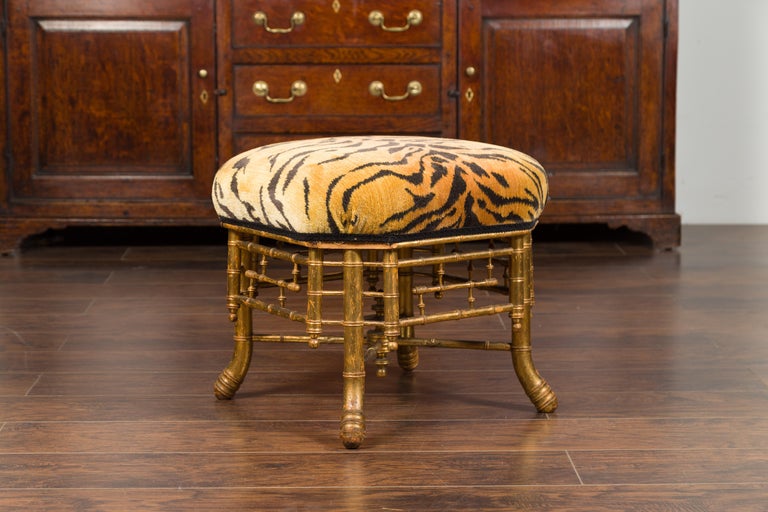 Chinese Chippendale Style 1840s English Gilt Faux Bamboo Stool with ...