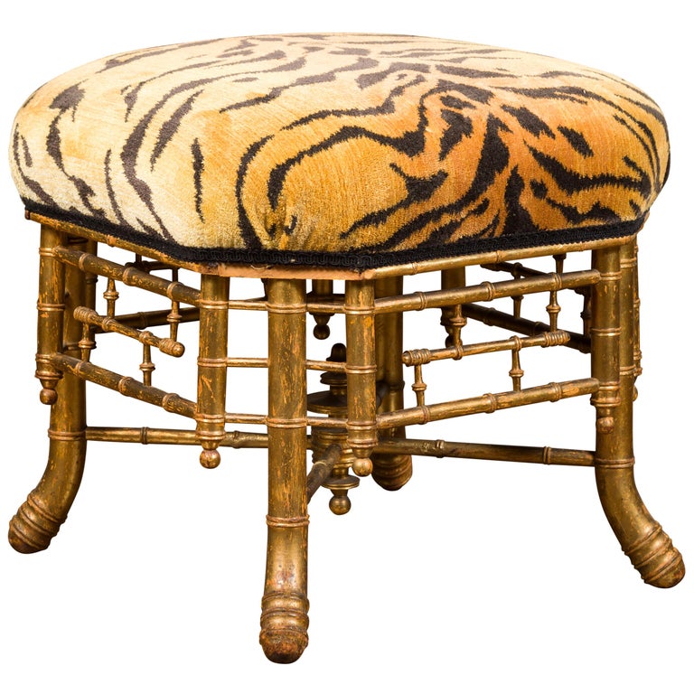 Chinese Chippendale Style 1840s English Gilt Faux Bamboo Stool with ...