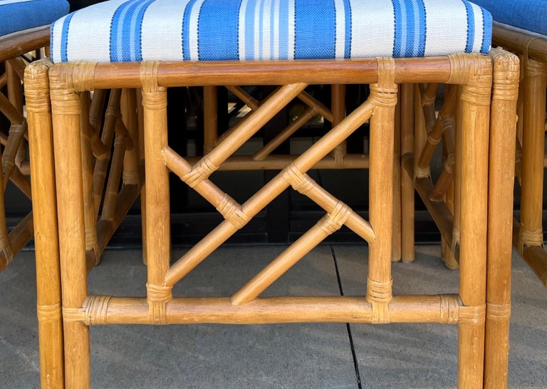 Chinese Chippendale Style Rattan / Bamboo Ottomans / Tables in Blue and ...
