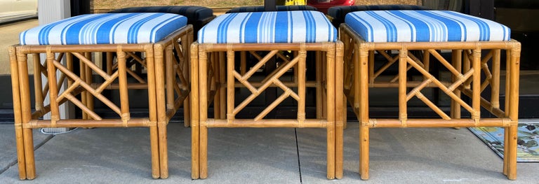 Chinese Chippendale Style Rattan / Bamboo Ottomans / Tables in Blue and ...