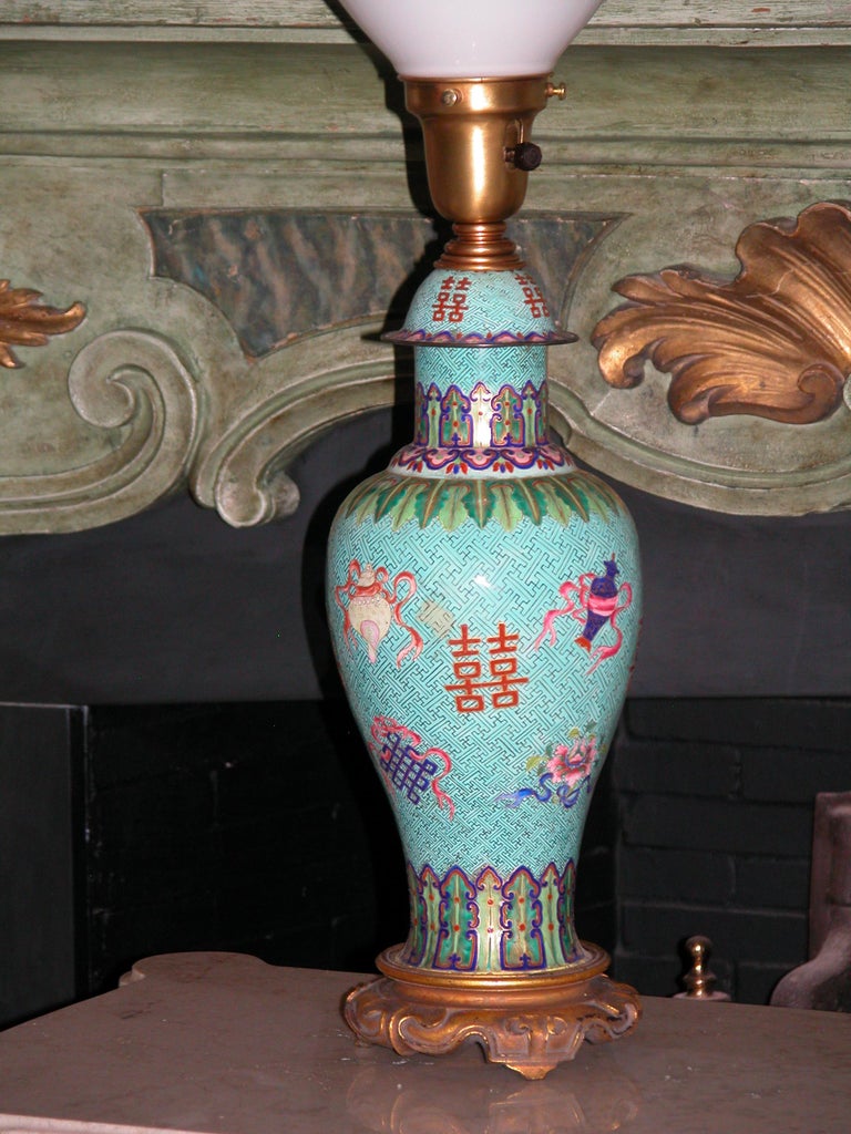 Chinese Cloisonne' Lamp Base with Custom Silk Shade, Mid-19th Century ...