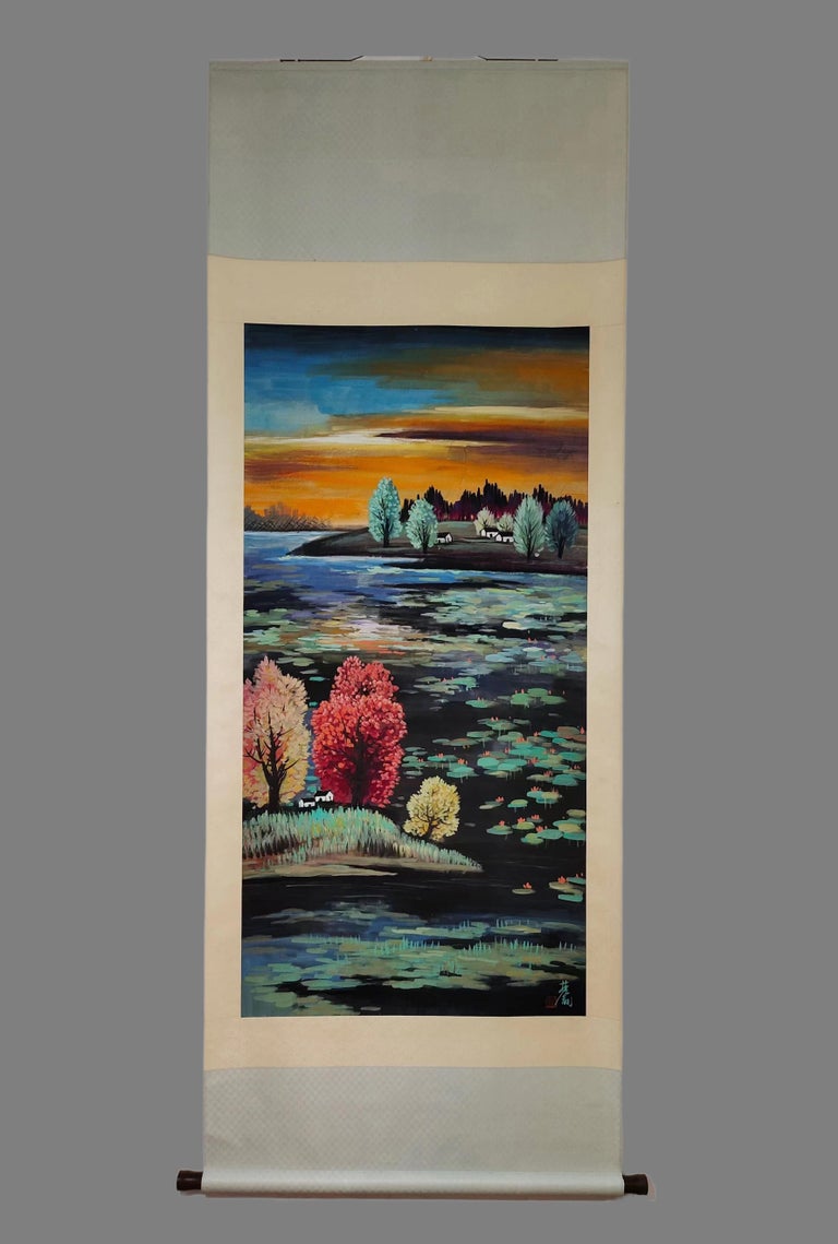 Chinese Color Painting of Landscape, Hand Painted with Lin Fengmian ...