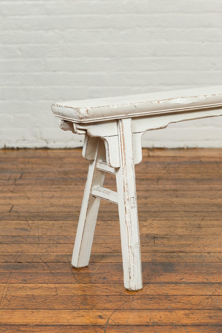 Chinese Contemporary White Painted Wooden Ming Style Bench with A-Form ...