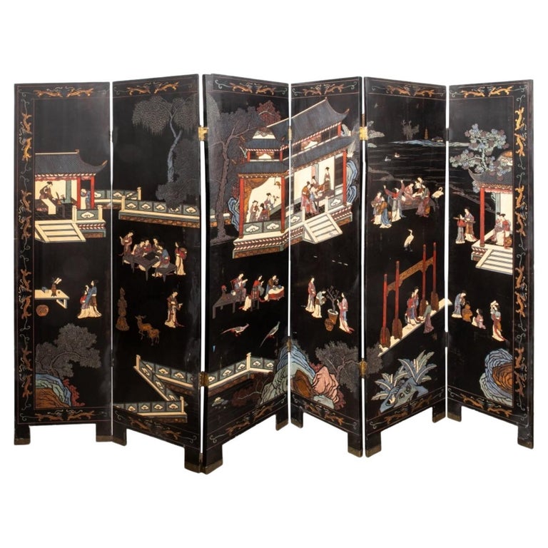 Chinese Coromandel Lacquer 6 Panel Floor Screen For Sale at 1stDibs