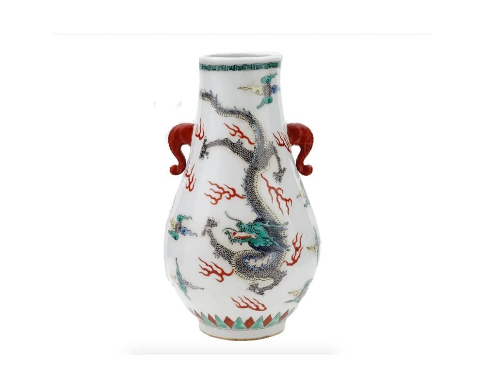 Chinese Dragon Elephant Handles Hand Painted Porcelain Vase For Sale at ...