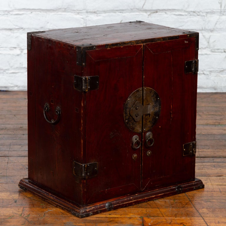 Chinese Early 20th Century Dark Red Lacquer Carrying Chest with Round ...