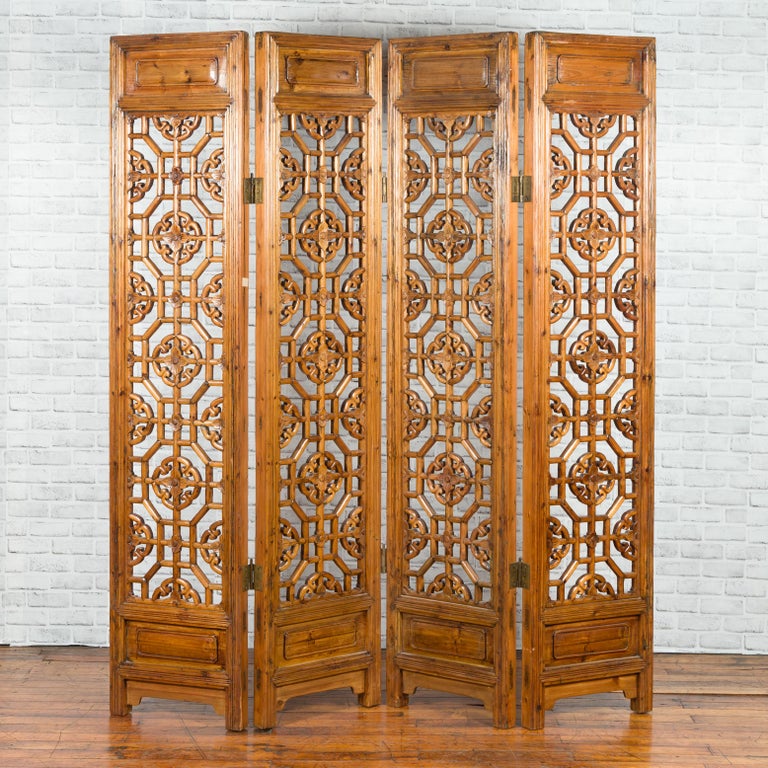 Chinese Early 20th Century Fretwork Four-Panel Screen with Geometric ...