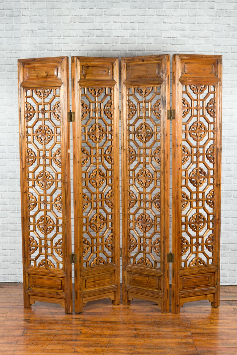 Chinese Early 20th Century Fretwork Four-Panel Screen with Geometric ...