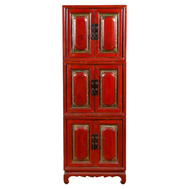 Chinese Early 20th Century Red Lacquer Three-Section Stackable Cabinet ...