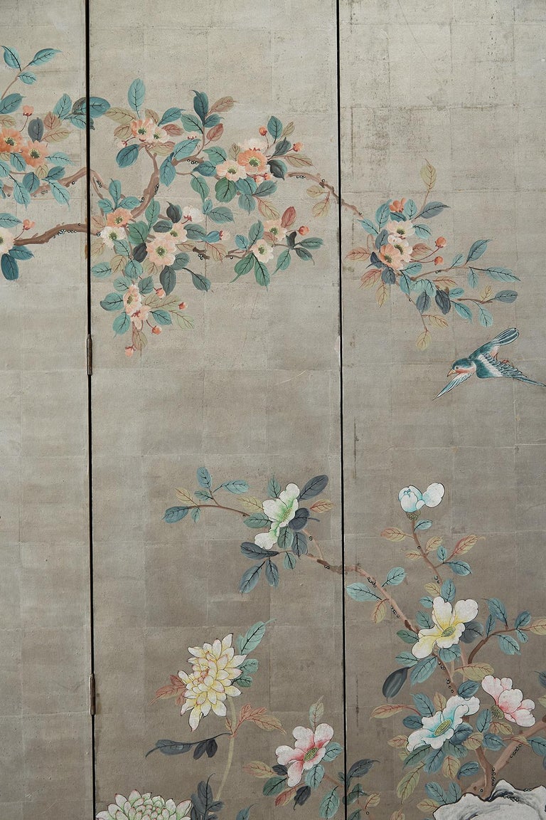 Chinese Eight Panel Silver Leaf Spring Screen For Sale at 1stDibs
