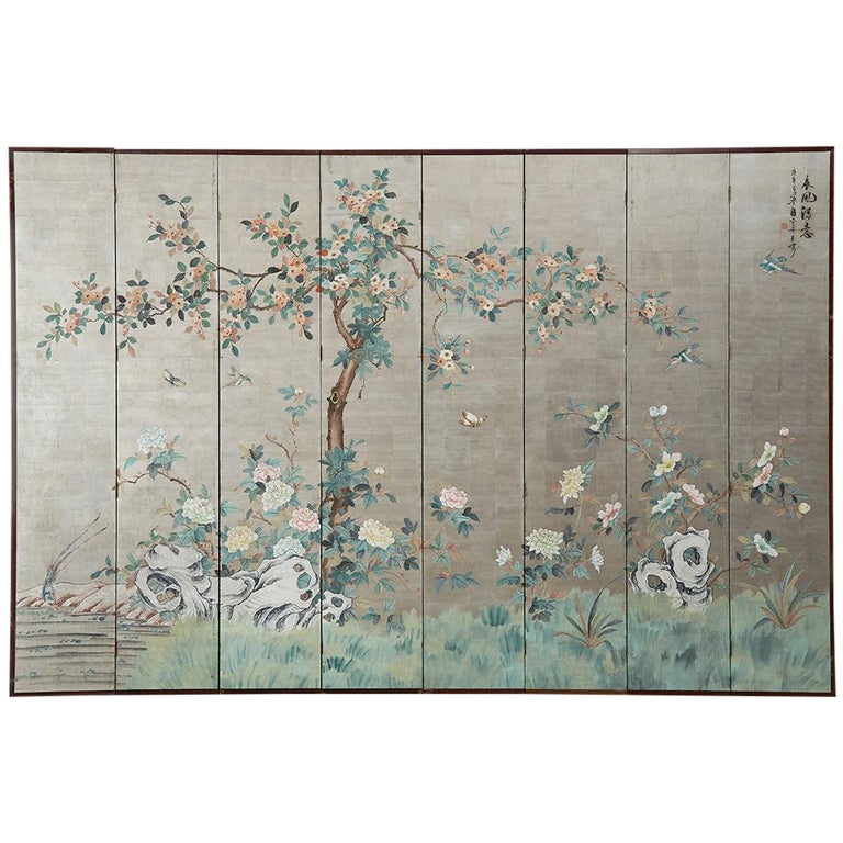 Chinese Eight Panel Silver Leaf Spring Screen For Sale at 1stDibs