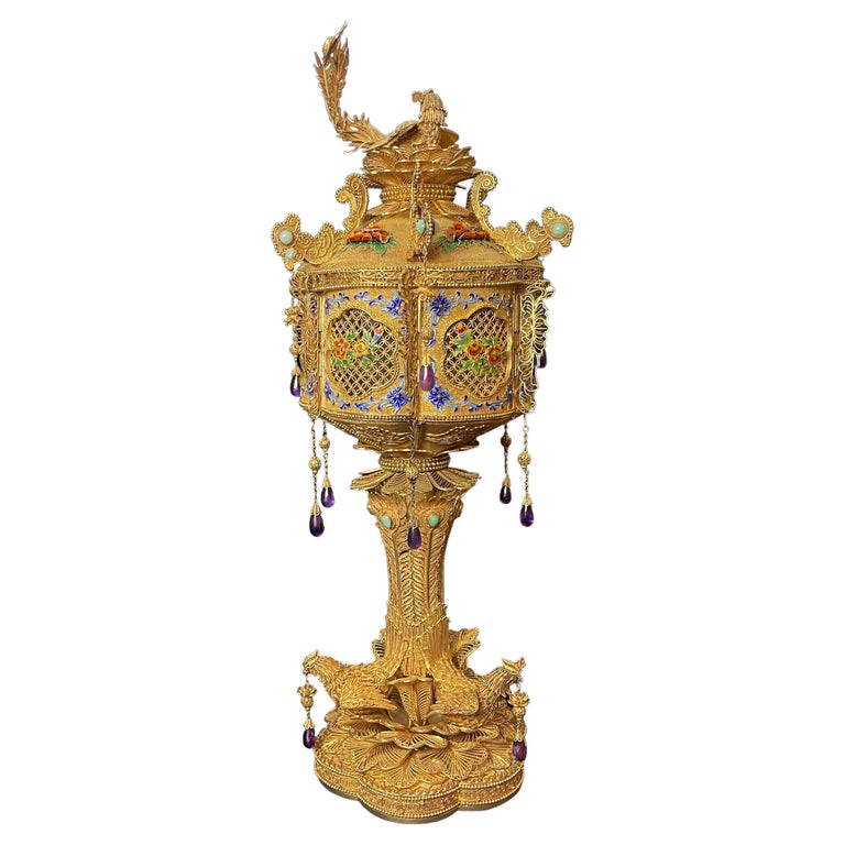 Chinese Enameled and Jeweled Gilt Silver Filigree Work Potpourri Urn ...