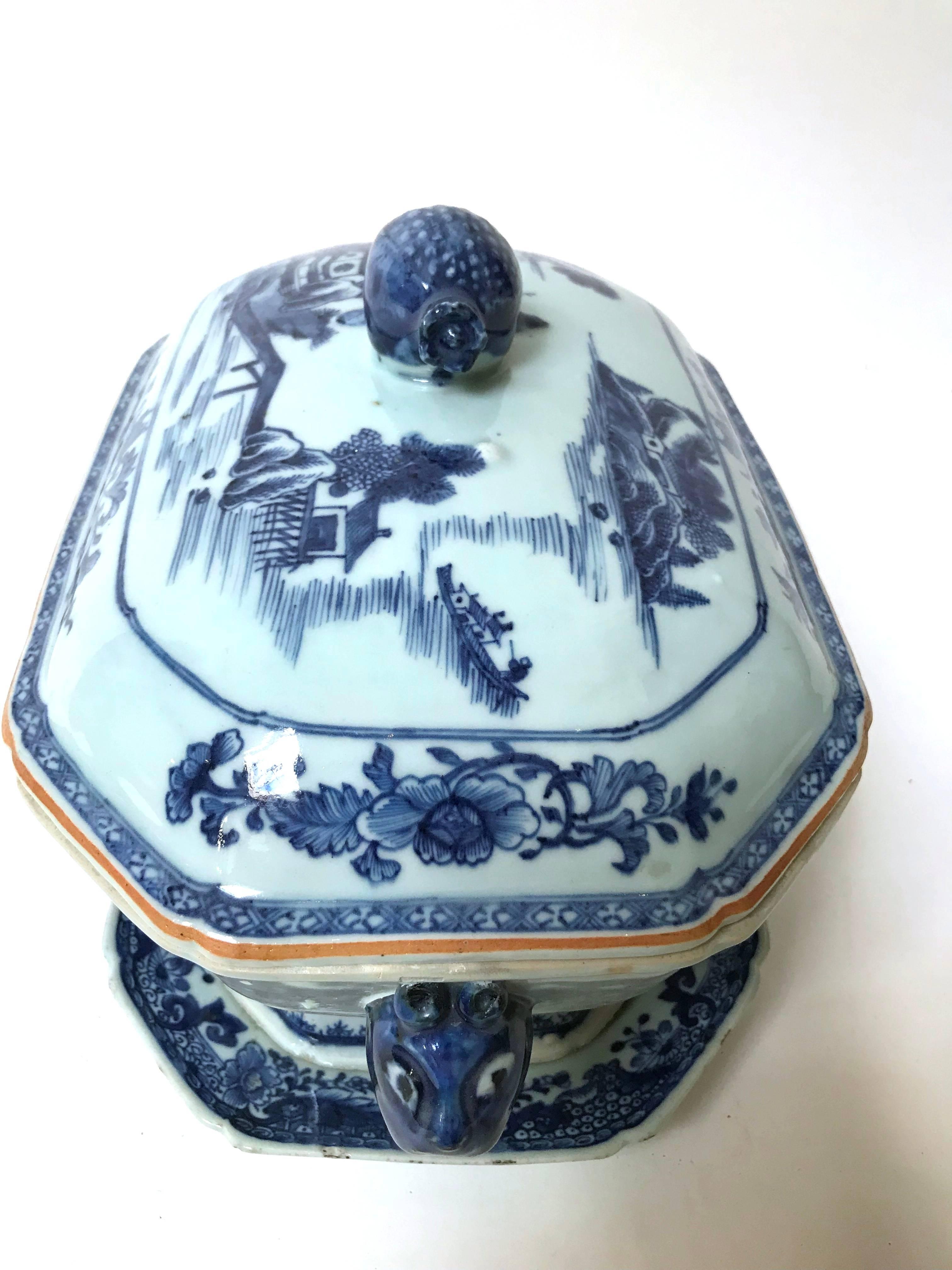 Chinese Export Blue and White Tureen and Underplate, circa 1790 at 1stDibs