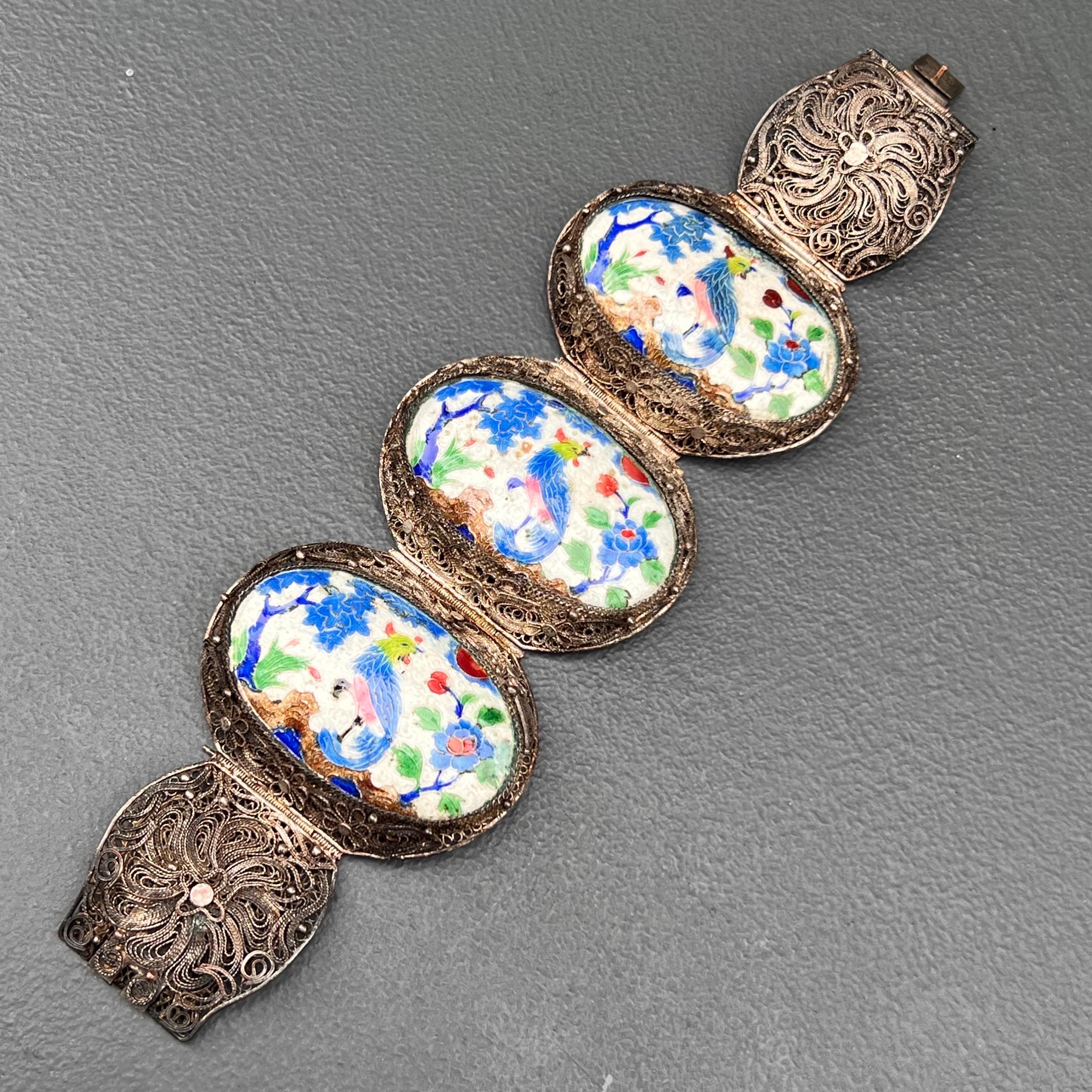Chinese Export Enamel Filigree Panel Bracelet Wide For Sale at 1stDibs