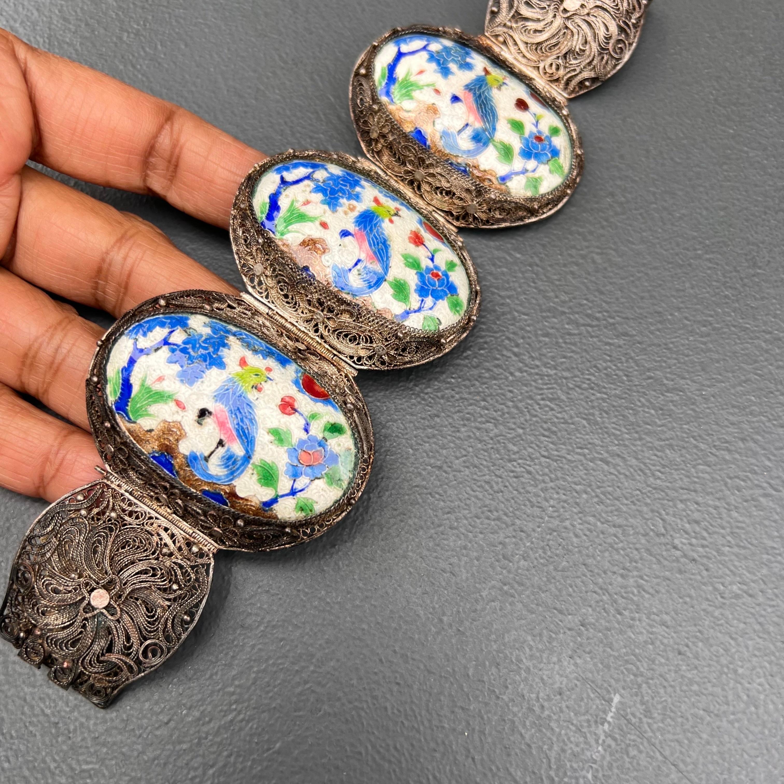 Chinese Export Enamel Filigree Panel Bracelet Wide For Sale at 1stDibs