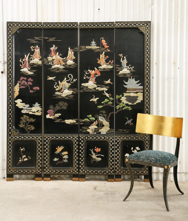 Chinese Export Four Panel Carved Soapstone Coromandel Screen at 1stDibs
