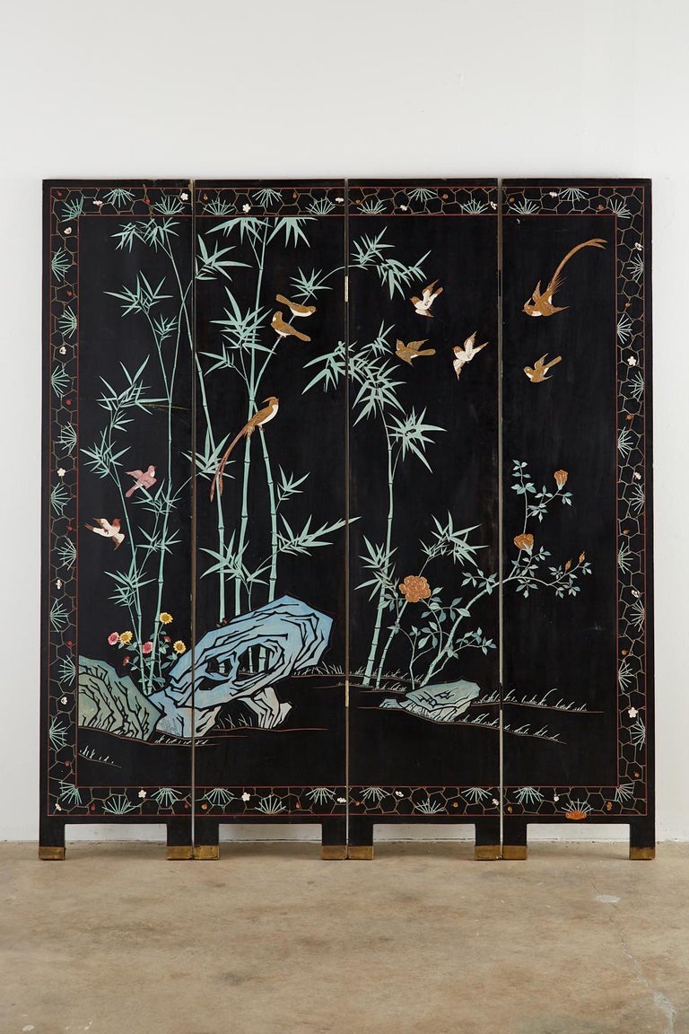 Chinese Export Four-Panel Gilt Lacquered Coromandel Screen at 1stDibs