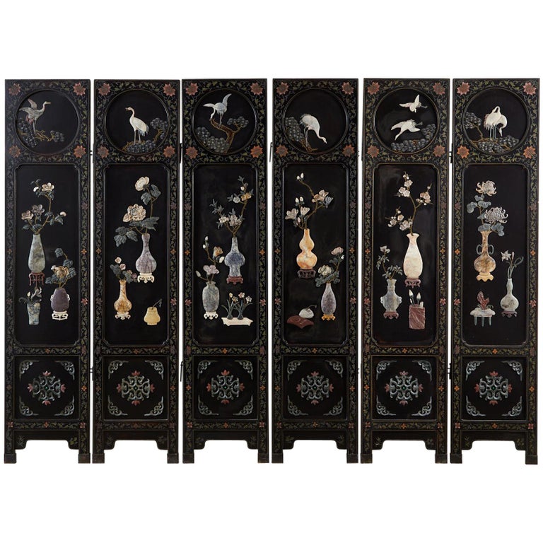 Chinese Export Hard Stone Lacquered Coromandel Screen at 1stDibs