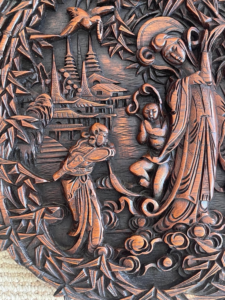 Chinese Export Hardwood Carved Plaque of Quan Yin in Landscape For Sale ...