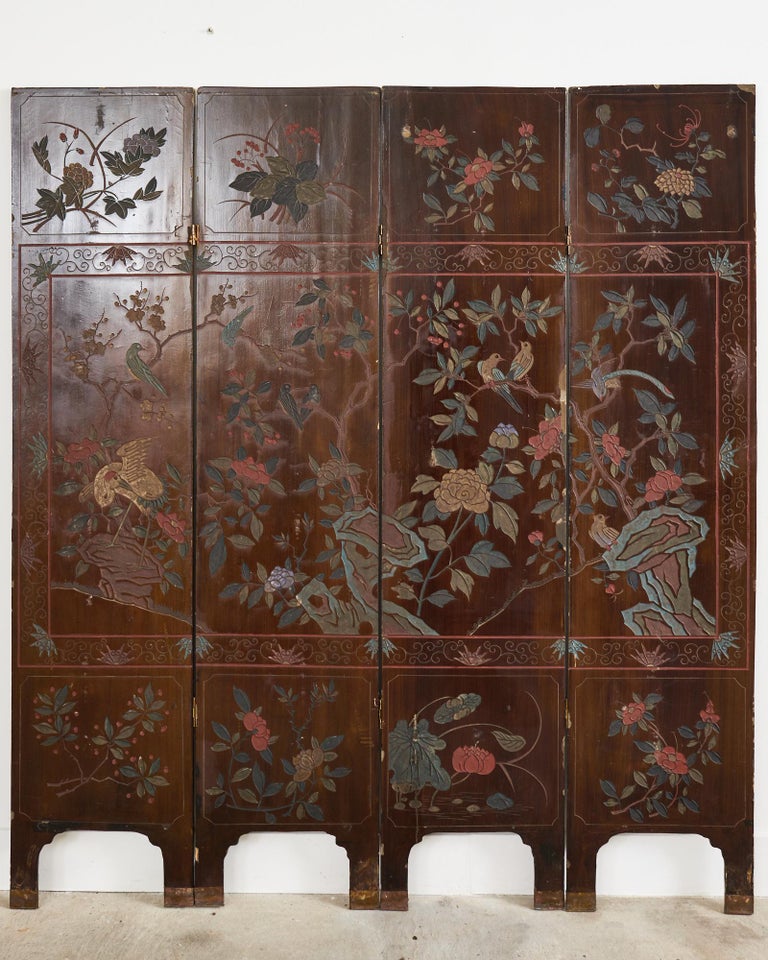 Chinese Export Lacquered Four Panel Coromandel Screen For Sale at 1stDibs