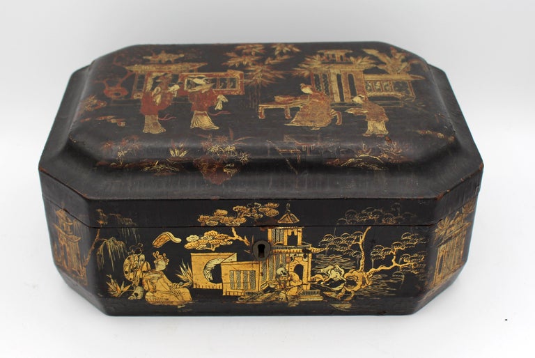 Chinese Export Lacquered Wooden Box with Chinoiserie Panels at 1stDibs