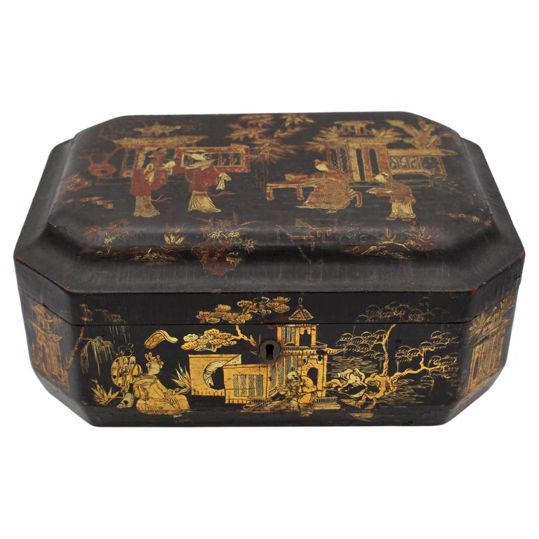 Chinese Export Lacquered Wooden Box with Chinoiserie Panels at 1stDibs