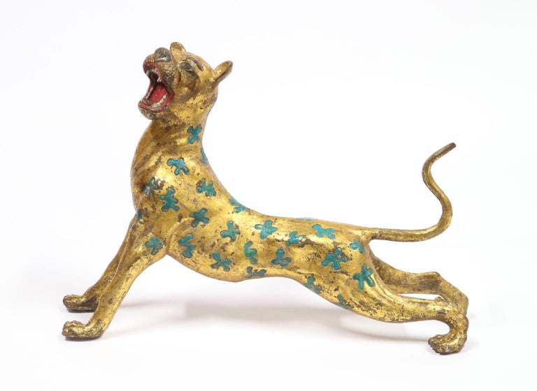 Chinese Export Leopard Cheetahs in Gilt Bronze with Blue and Turquoise ...