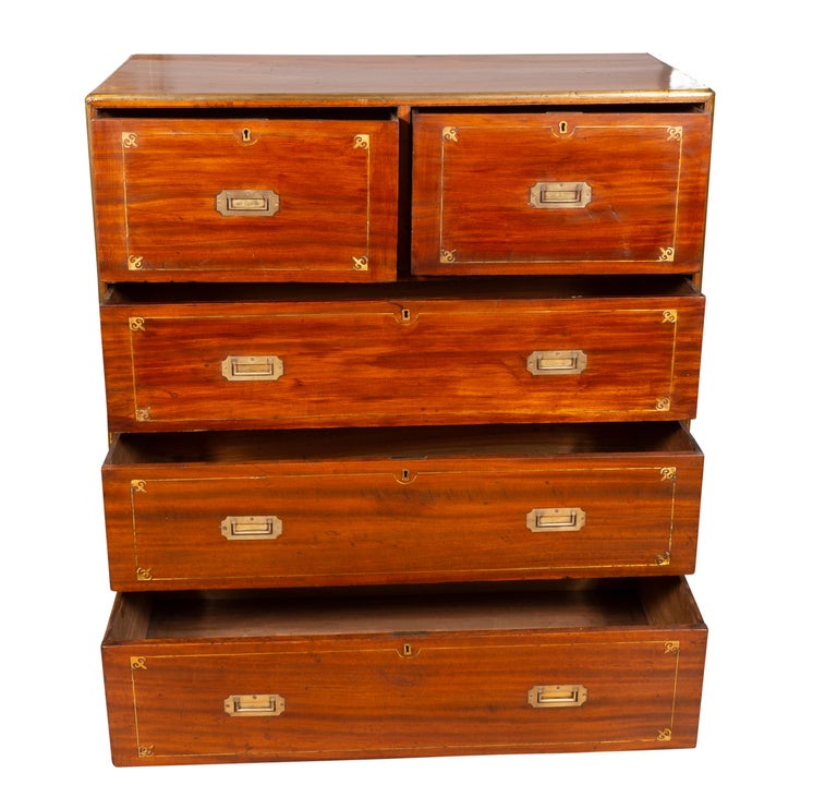 Chinese Export Mahogany and Brass Inlaid Campaign Chest For Sale at 1stDibs