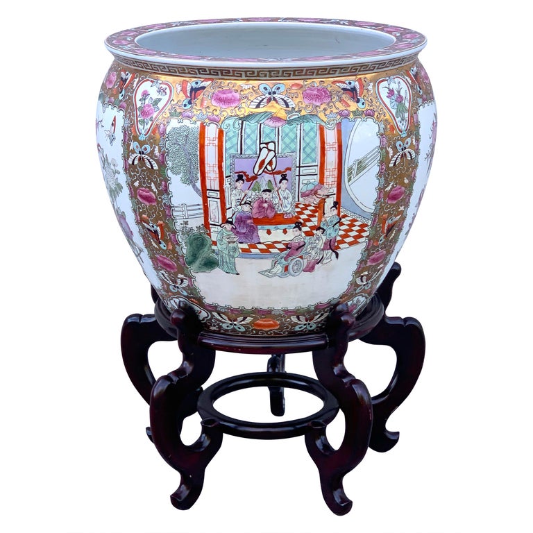 Chinese Export Mandarin Jardinière or Fish Bowl on Stand at 1stDibs
